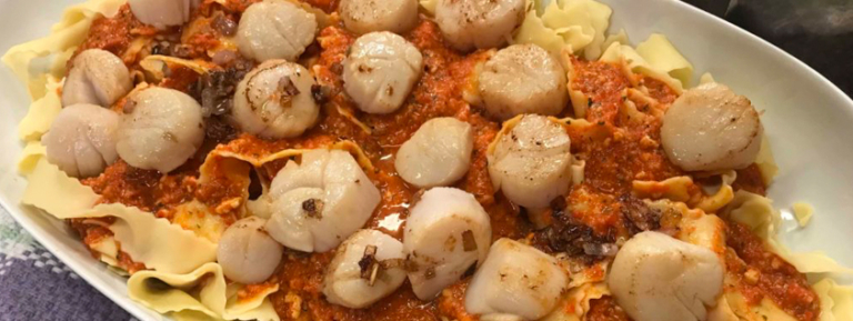 Scallops with Pasta and Romesco Sauce - Sparkle Markets Recipe Archive